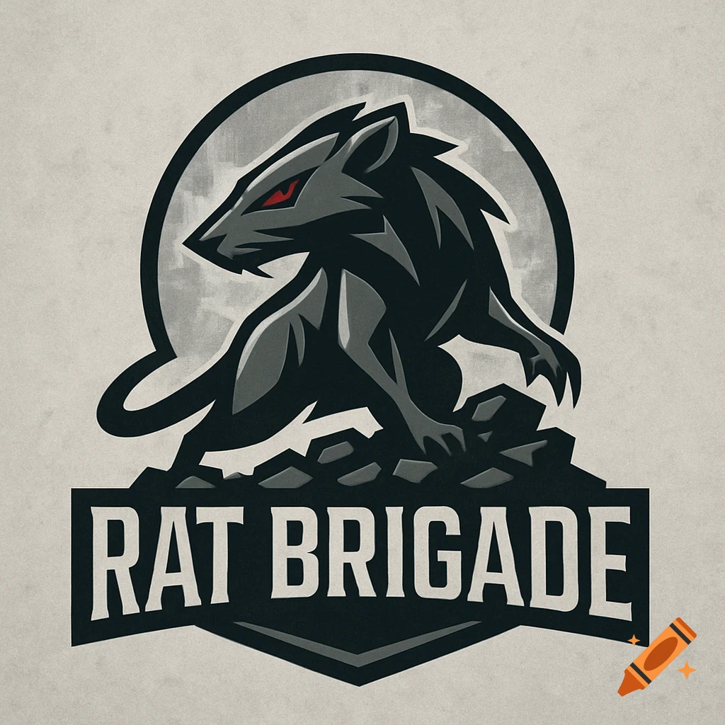 A stylized black and gray rat logo with red eyes, set within a circle ...