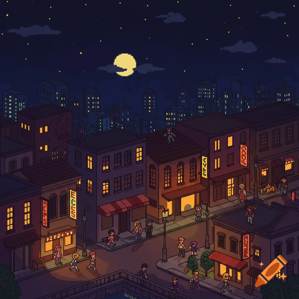Pixel art cityscape at night with illuminated buildings, people on ...