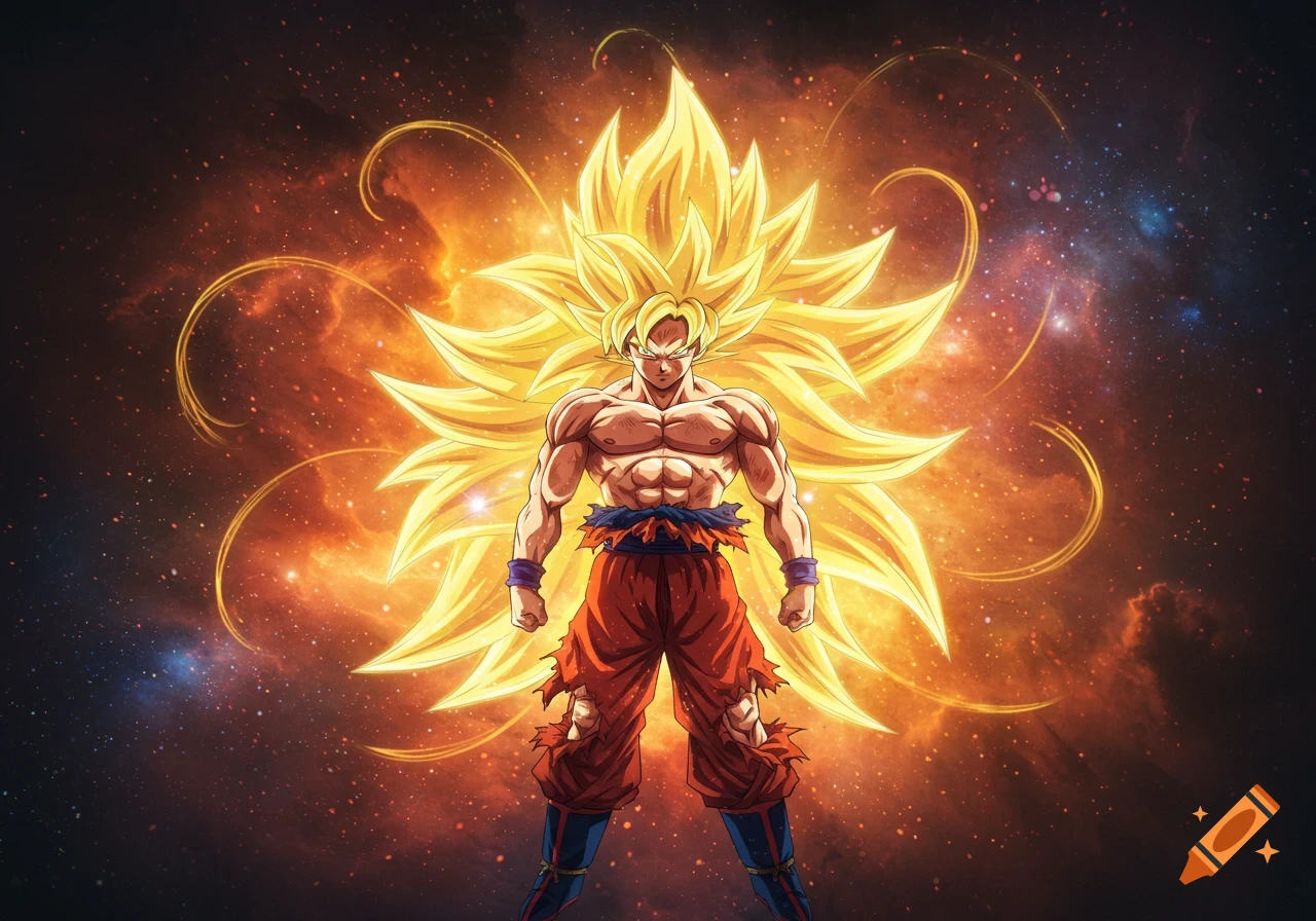 Goku in Super Saiyan 3 form, with long golden hair, standing powerfully ...