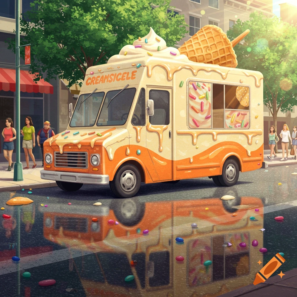 A creamsicle-colored ice cream truck, adorned with sprinkles and a ...
