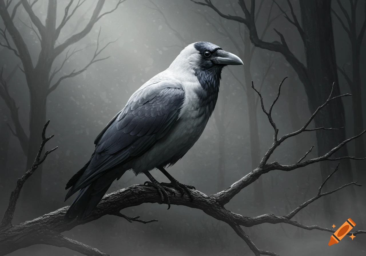 A white and gray crow perches on a bare tree branch in a dark, misty ...