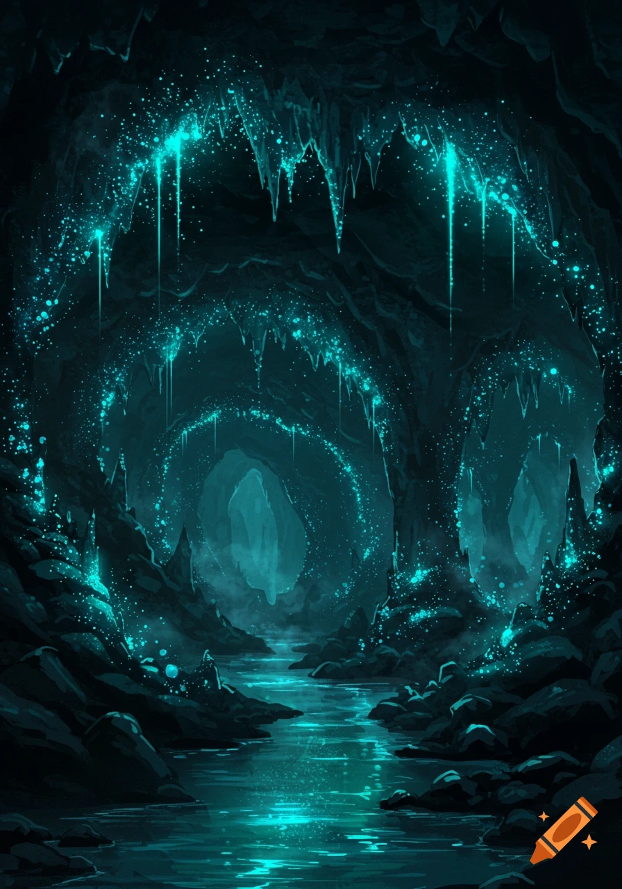 A dark, mysterious cave with towering stalactites and stalagmites, and ...