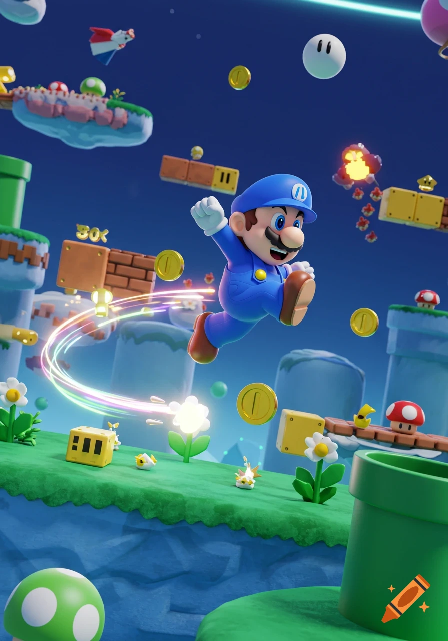 A blue-clad Mario-like character stands in a vibrant cartoon video game ...