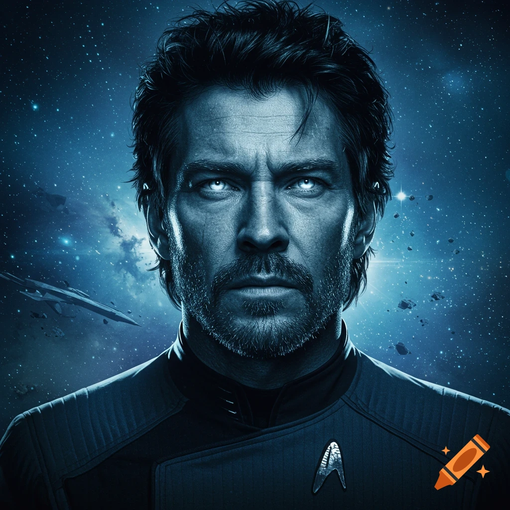 A rugged spaceship captain with glowing eyes and dark hair, set against ...