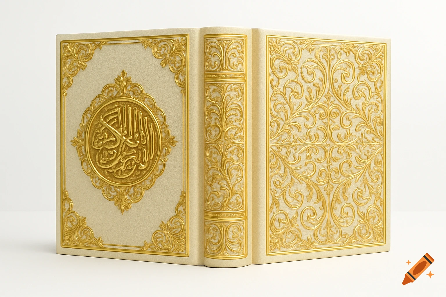 A cream-colored book with intricate gold embossed designs and Arabic ...