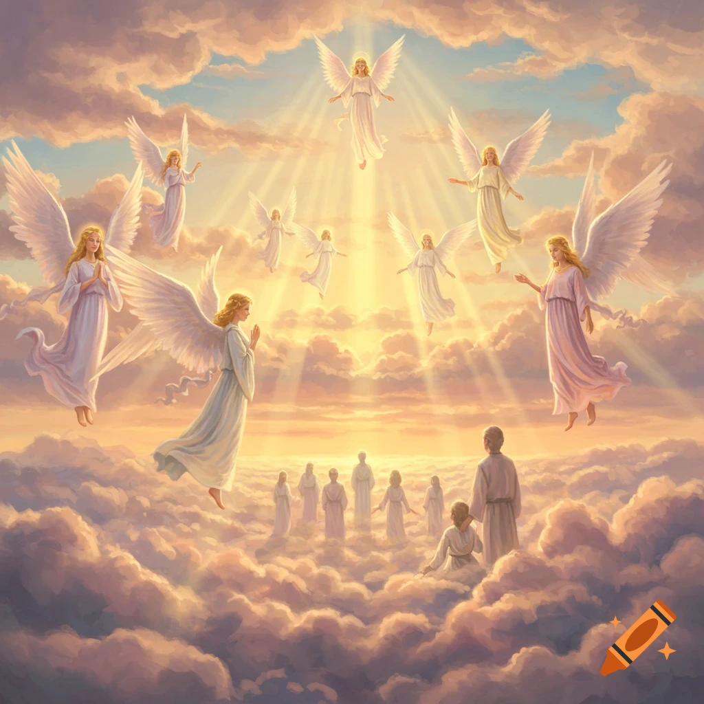 Angels and people in white robes float among bright, ethereal clouds and light rays in a ...