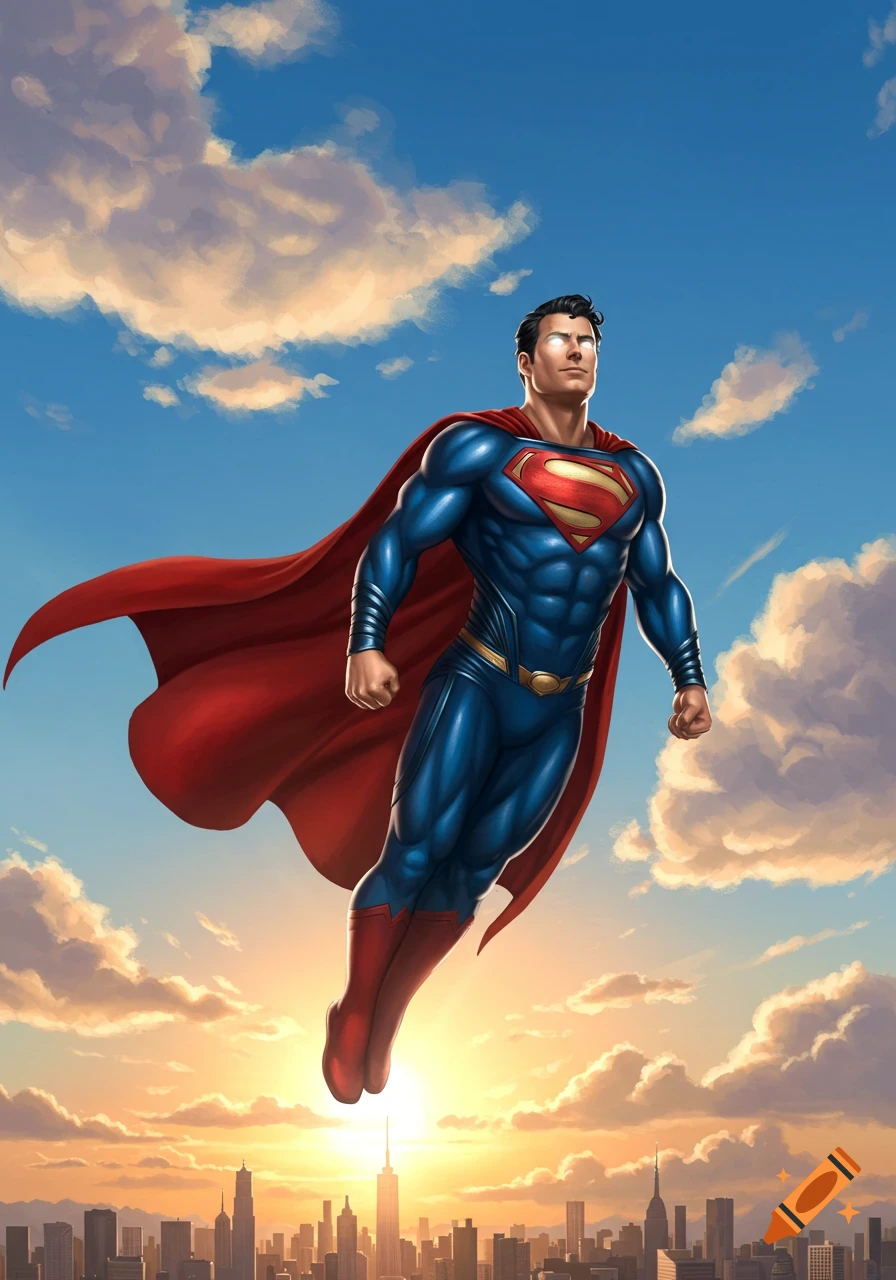 Supergirl flies high above a city at sunset, holding a large, curved ...