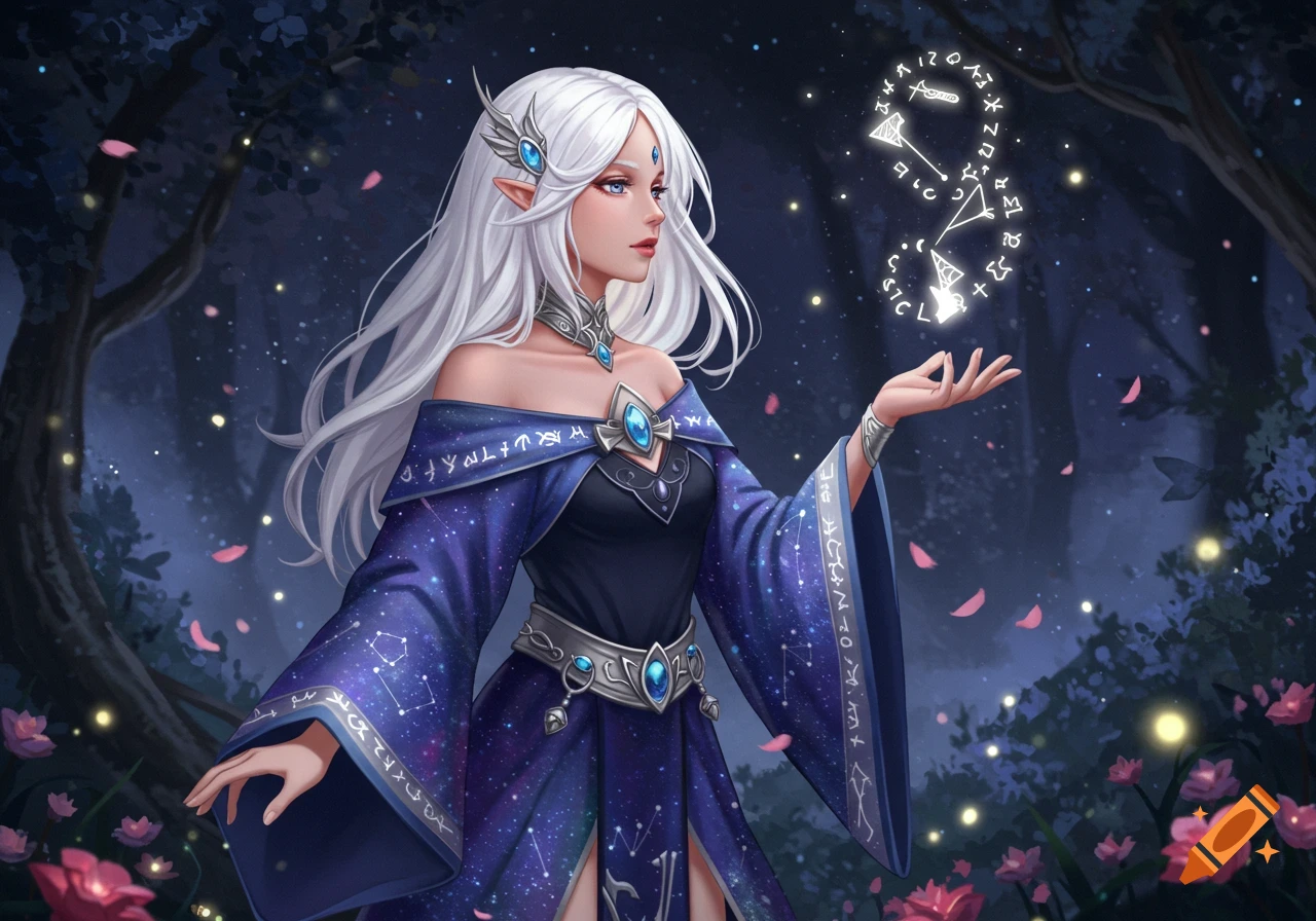 An anime-style ballerina with long white hair, wearing a vibrant blue ...
