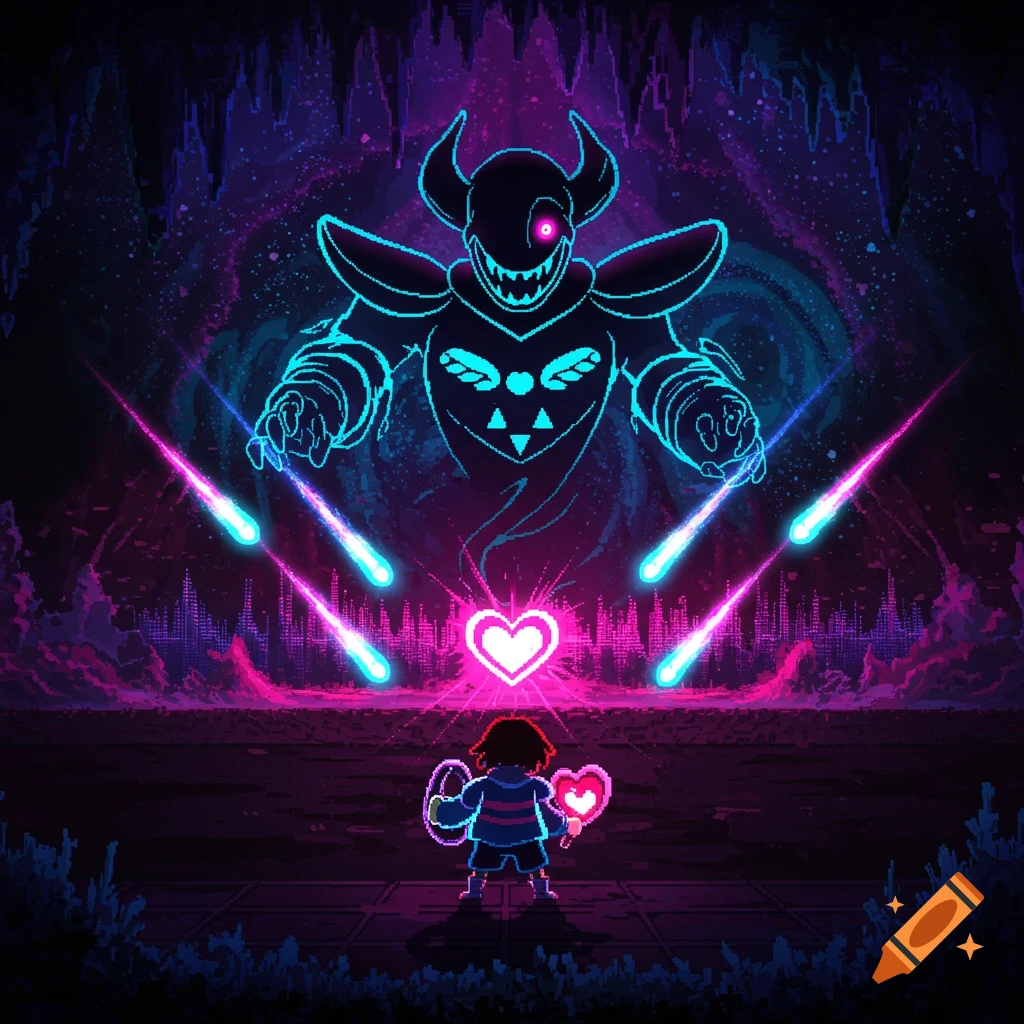 Pixel art of a human child facing a large glowing monster in a dark ...