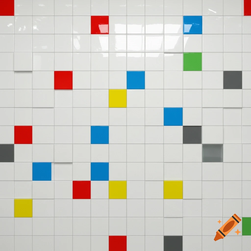A white tiled wall with randomly placed square tiles in red, blue ...