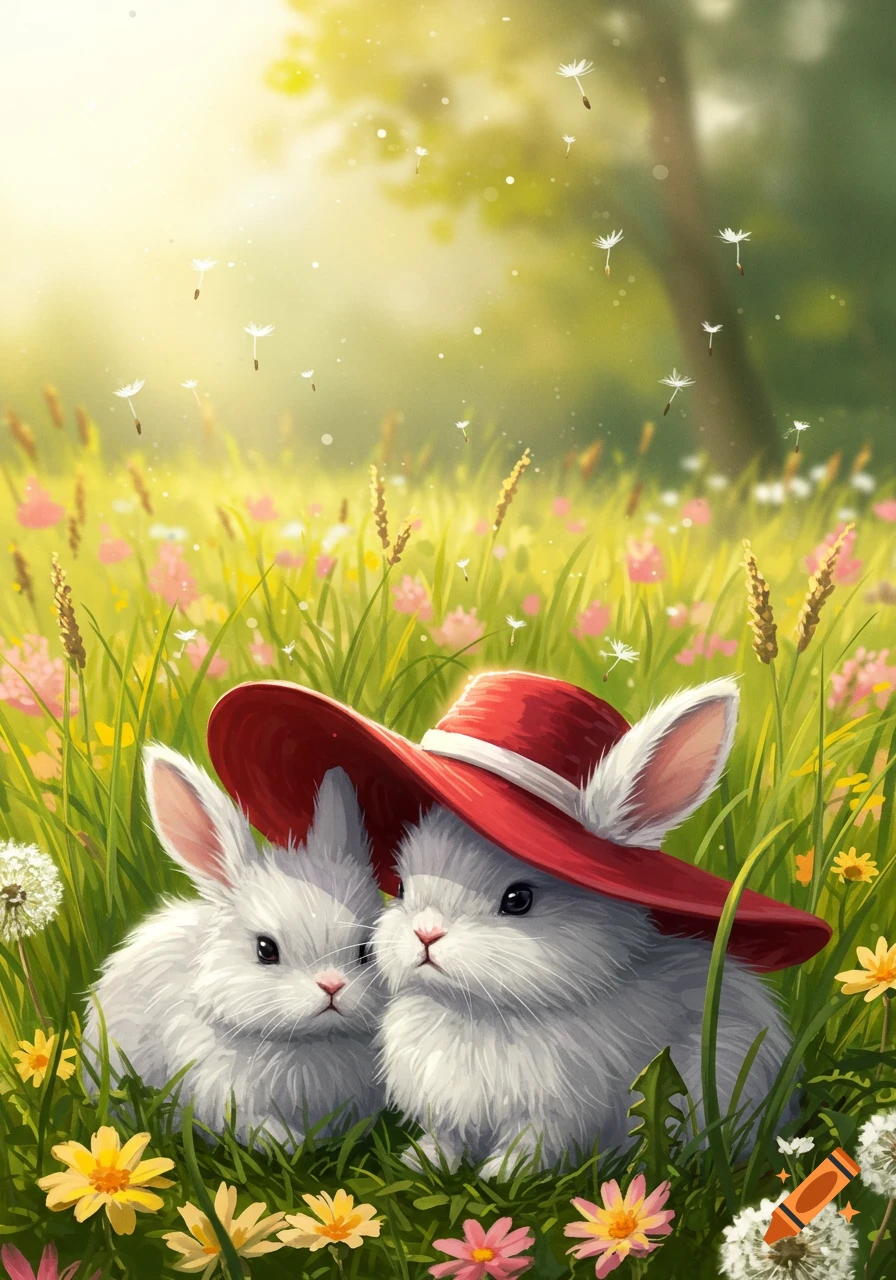 Two fluffy chibi-style rabbits, one black and one ginger, sit among ...