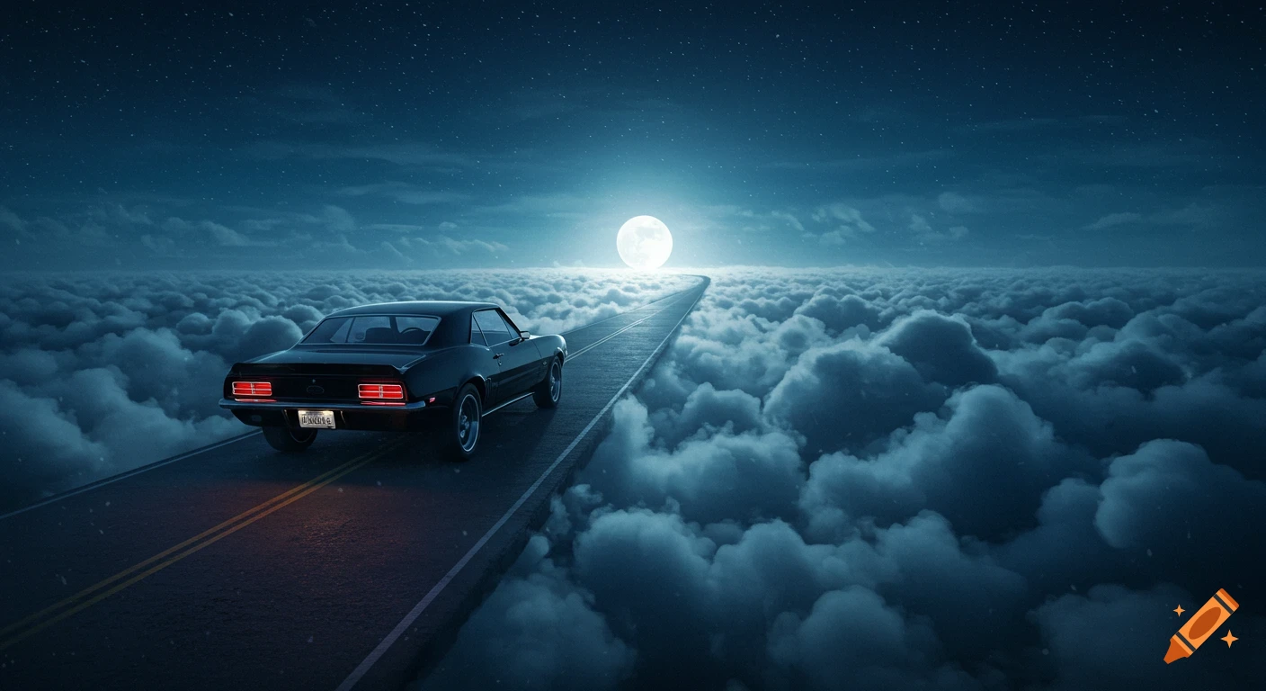 Four rock band members by a red convertible on a dark road, facing a ...