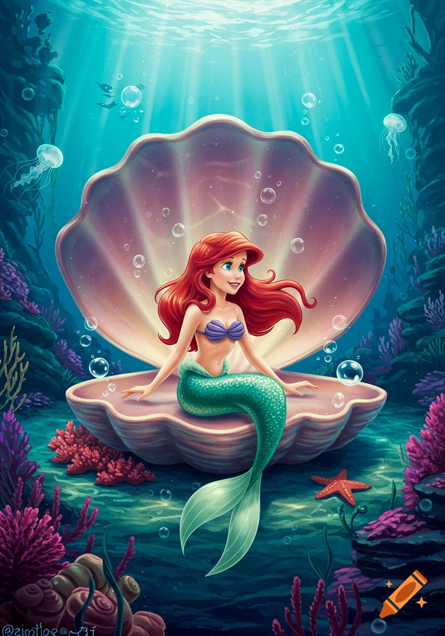 Stylized illustration of the little mermaid Ariel with red hair and a ...