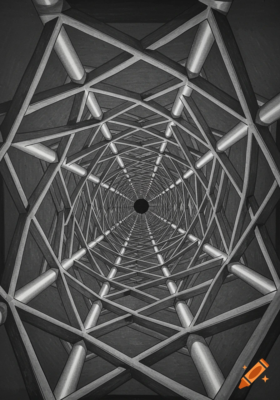 Black and white Escher-style drawing of an infinite geometric tunnel made of interlocking beams ...