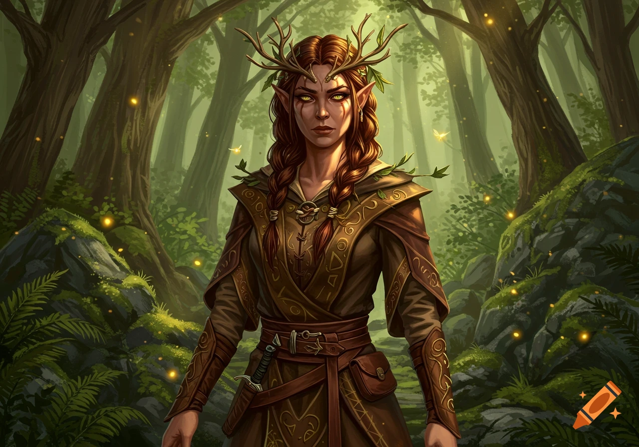 A serious female druid with antlers and braids stands in a mystical ...