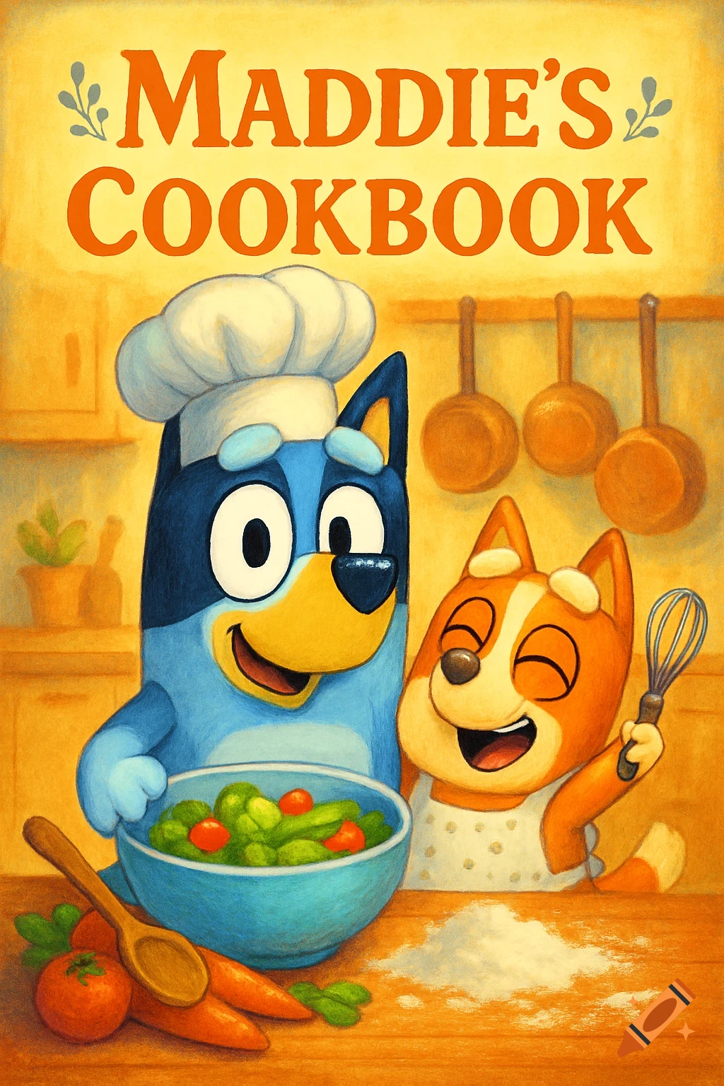 Bluey and Bingo on a cookbook cover titled 'Maddie's Cookbook ...