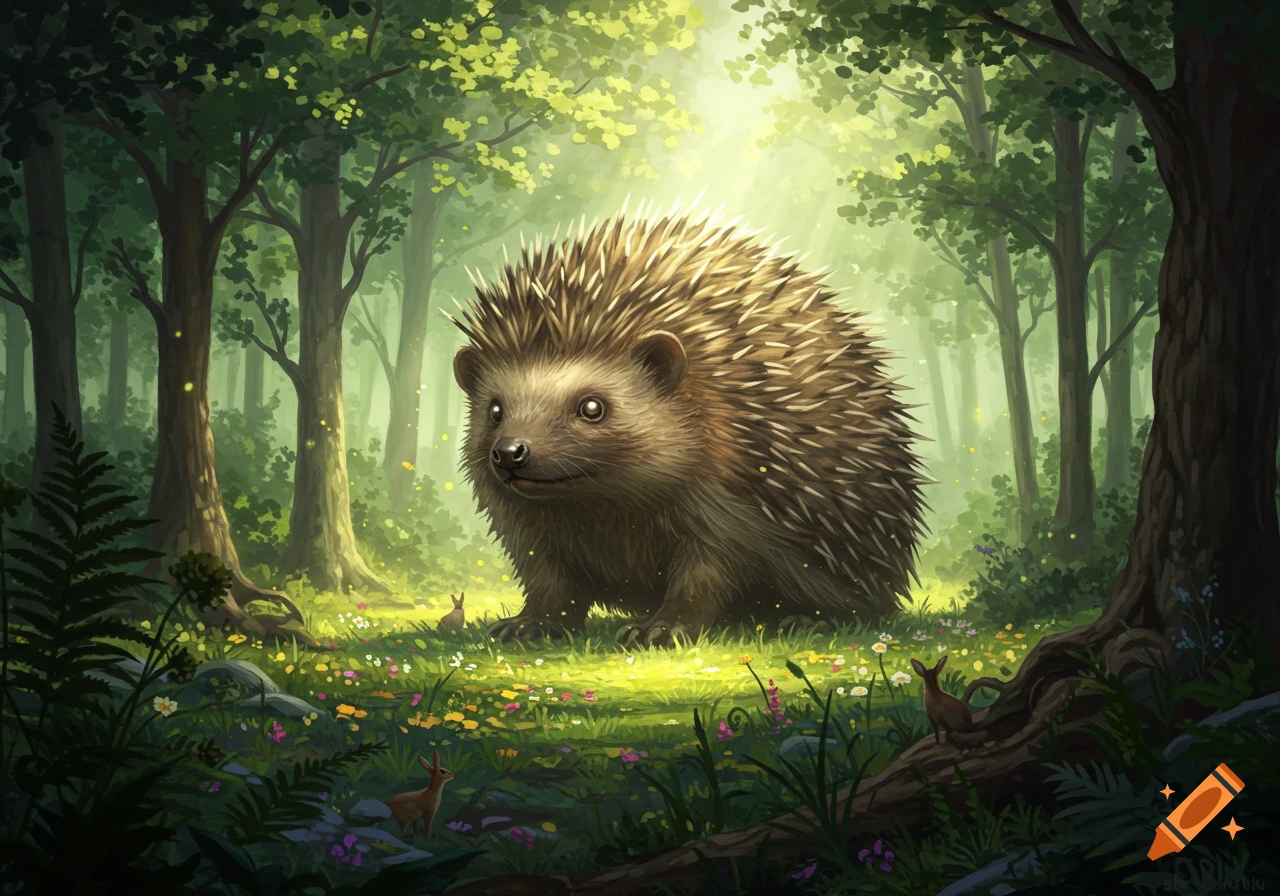 A giant, spiky hedgehog stands in a sunlit, mystical forest clearing with small flowers and ...