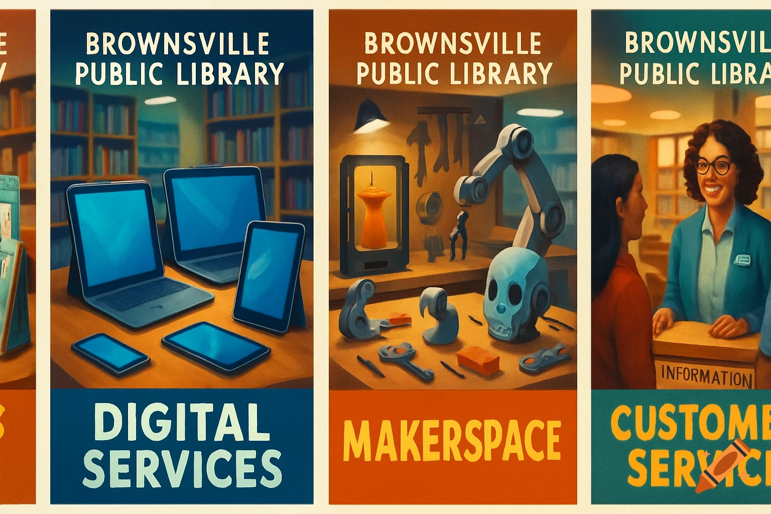 Four promotional banners for a public library. They feature digital ...