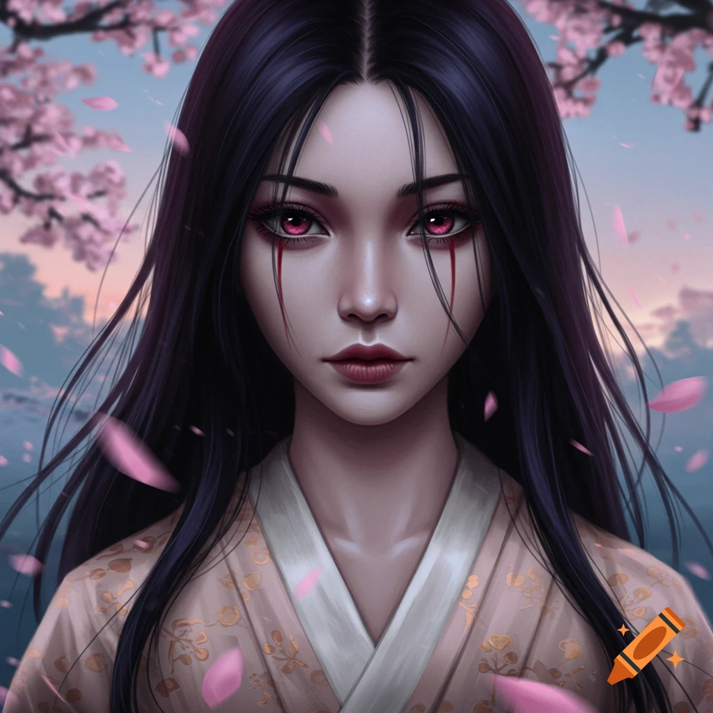 A stylized portrait of a woman with long dark hair, red eyes with red ...