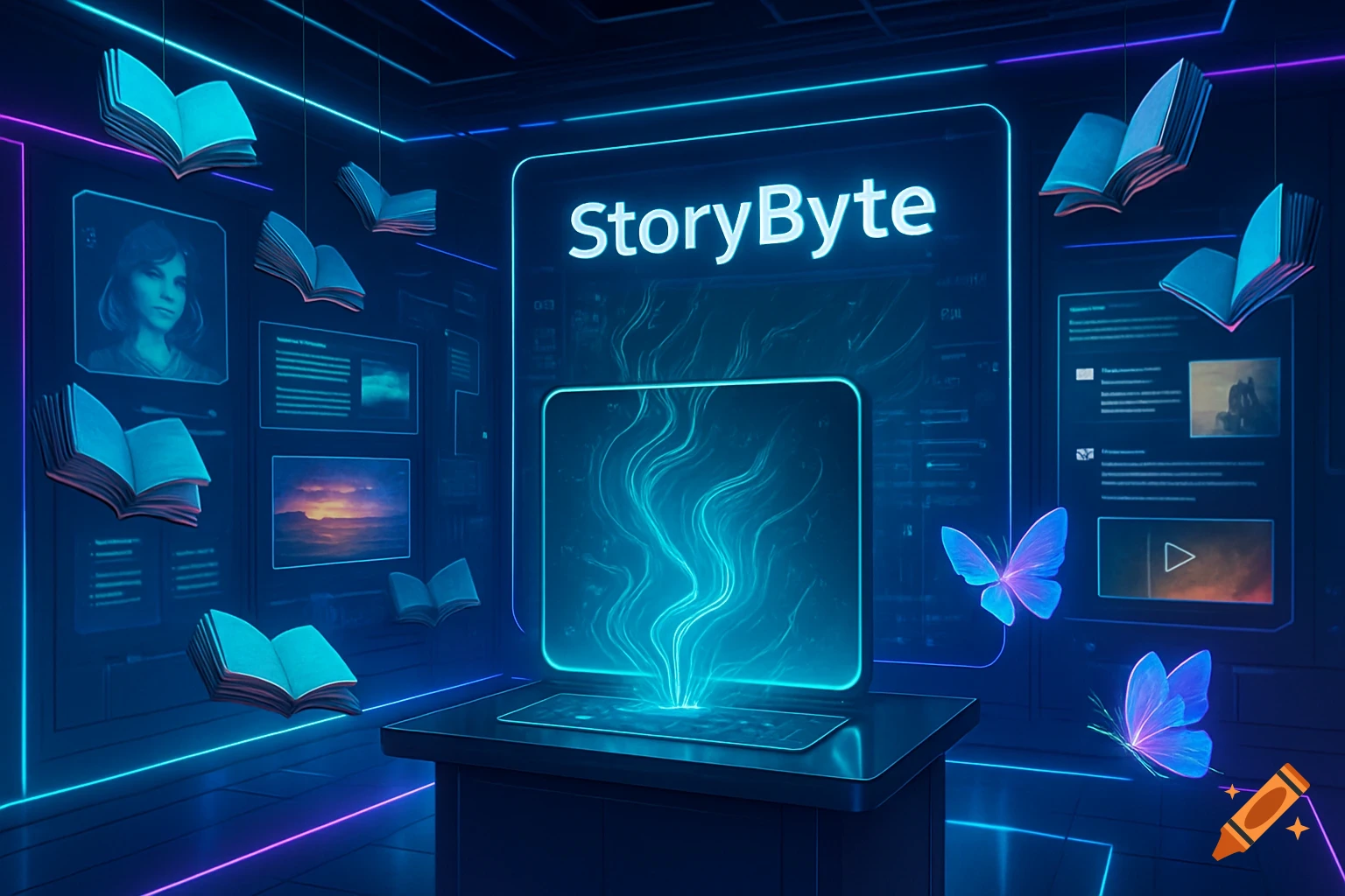 Holographic representations of GitHub Copilot and Sonarqube logos glow in a futuristic dark ...