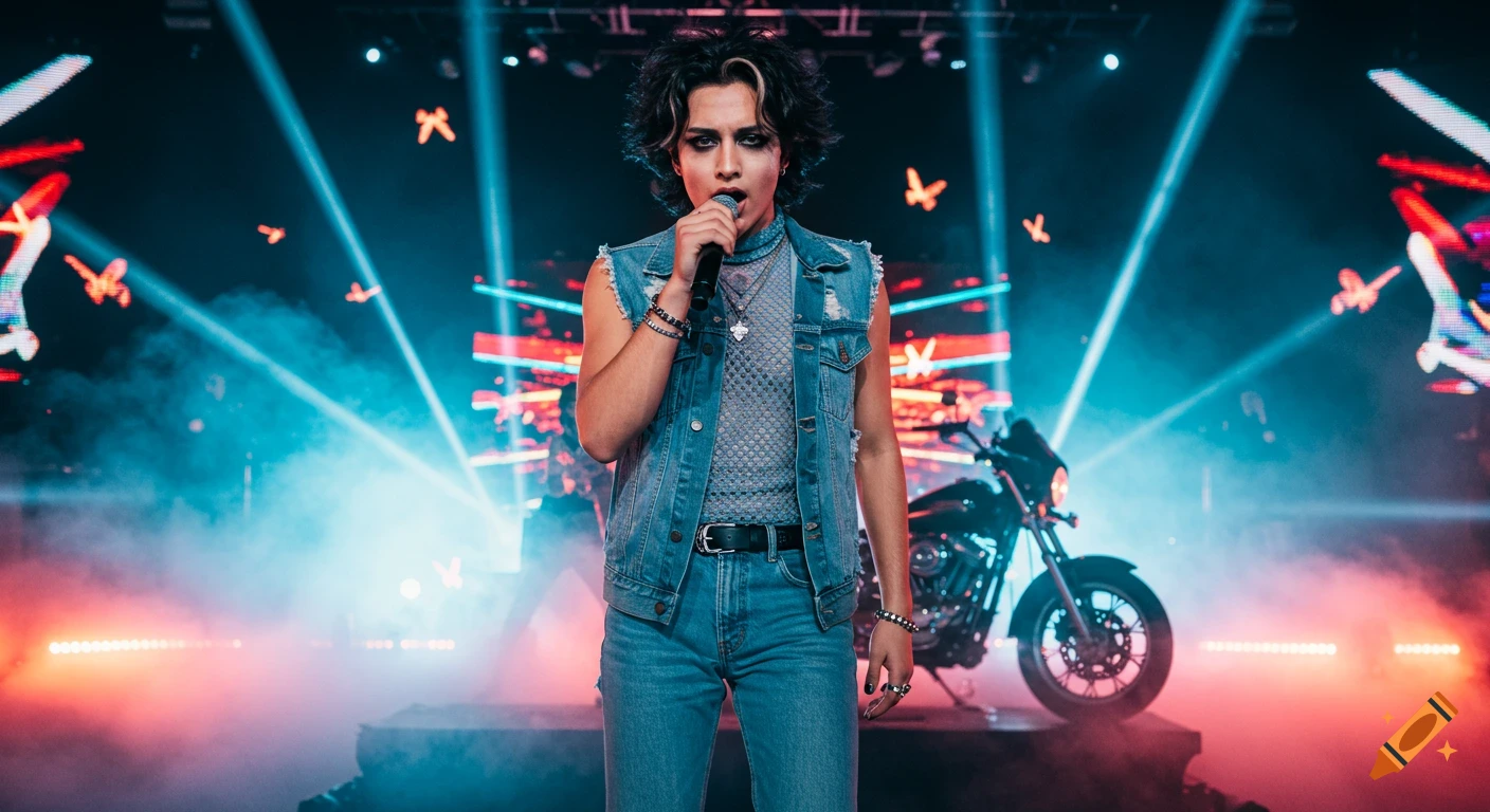 A male singer in a red turban and an embellished denim jacket sings ...