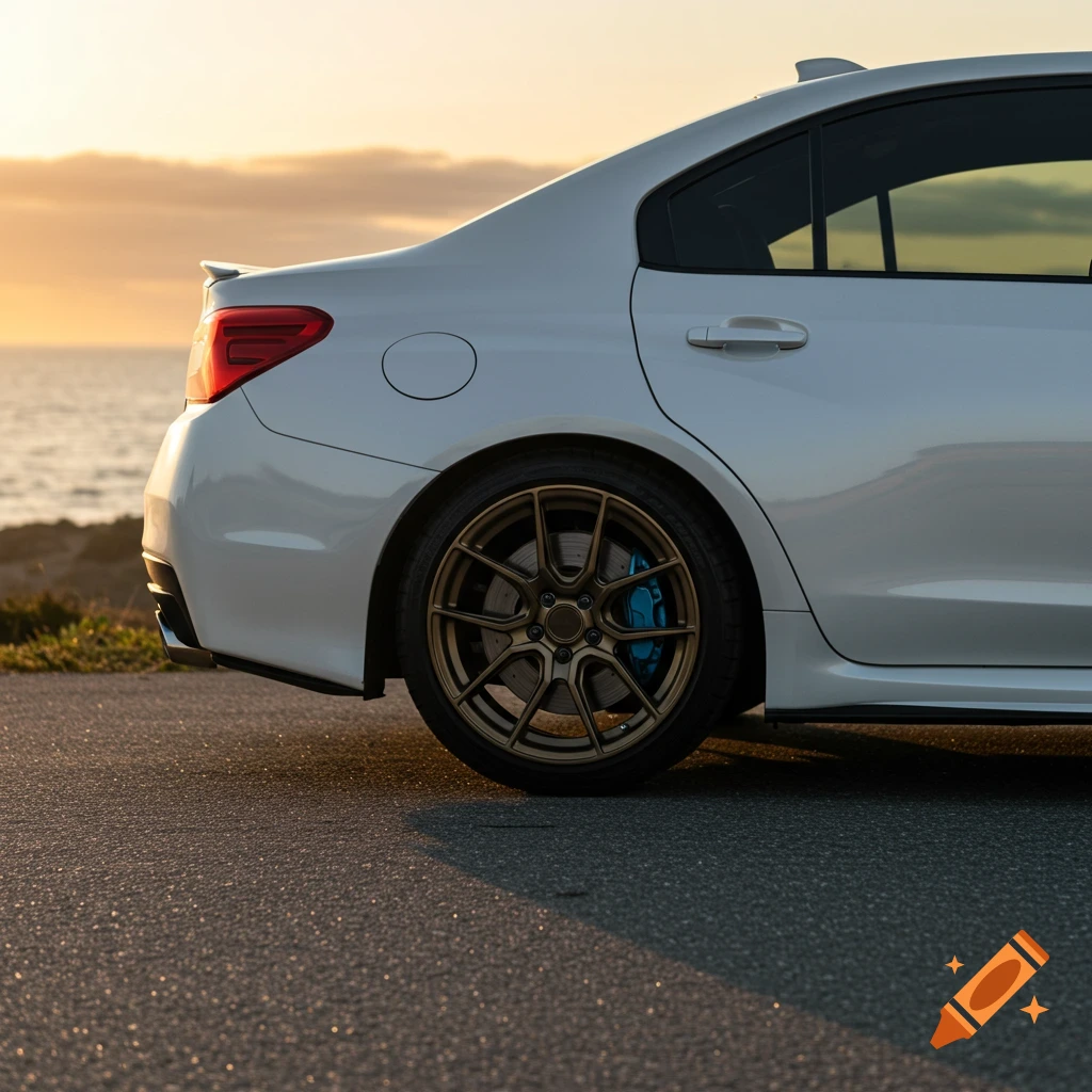 Rear 3/4 view of a blue 2016 Scion iM with bronze custom rims on Craiyon