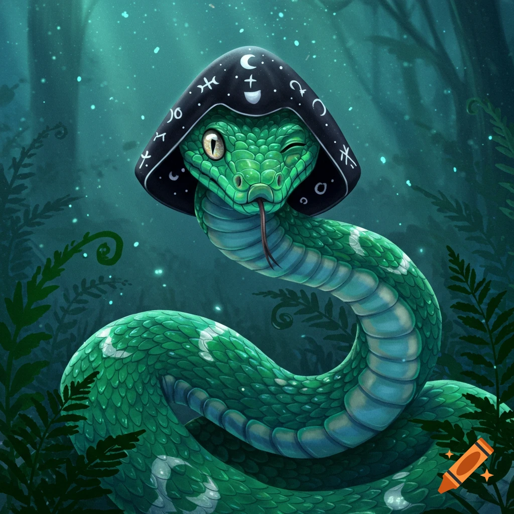 A green cartoon snake with large eyes cries in a classroom with desks ...