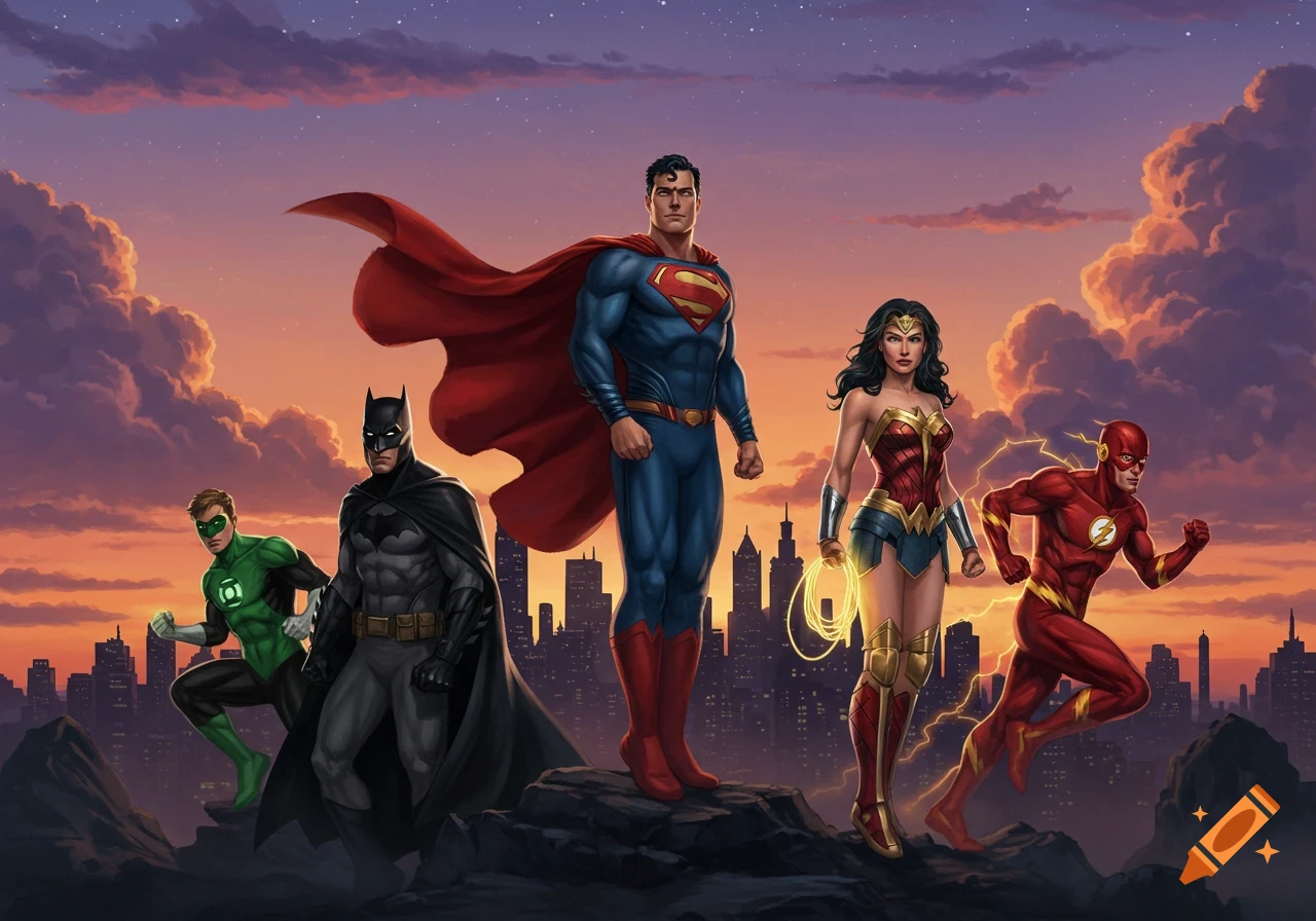 Justice League superheroes stand heroically in a city with lightning ...