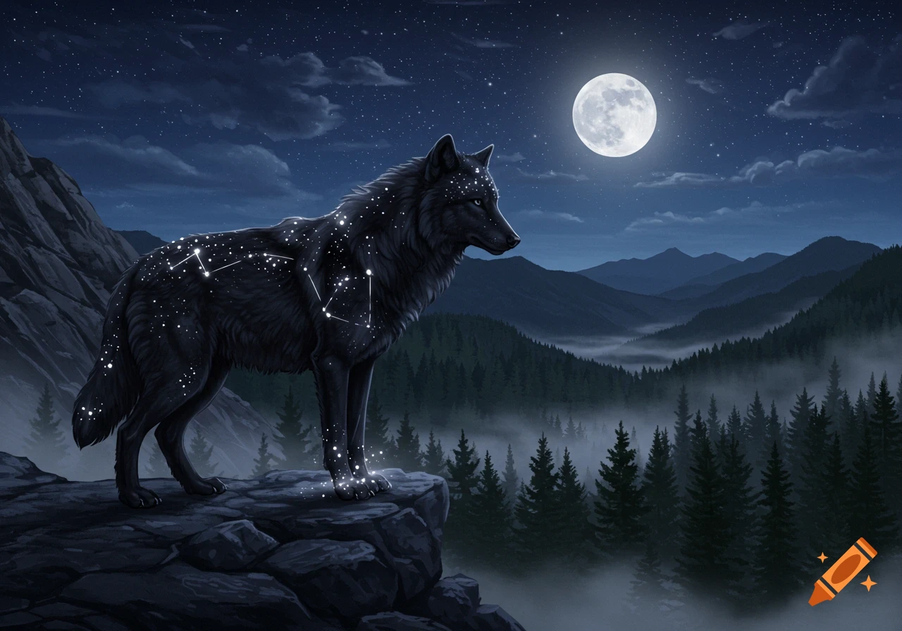 A fierce, flaming wolf with glowing eyes leads two other wolves through ...