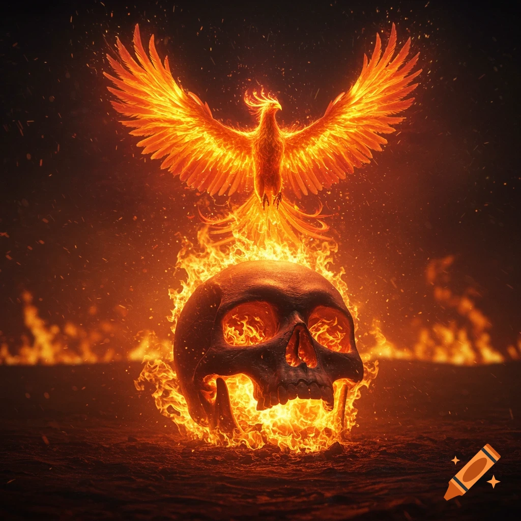 A vibrant phoenix with fiery wings rises from a flaming skull ...