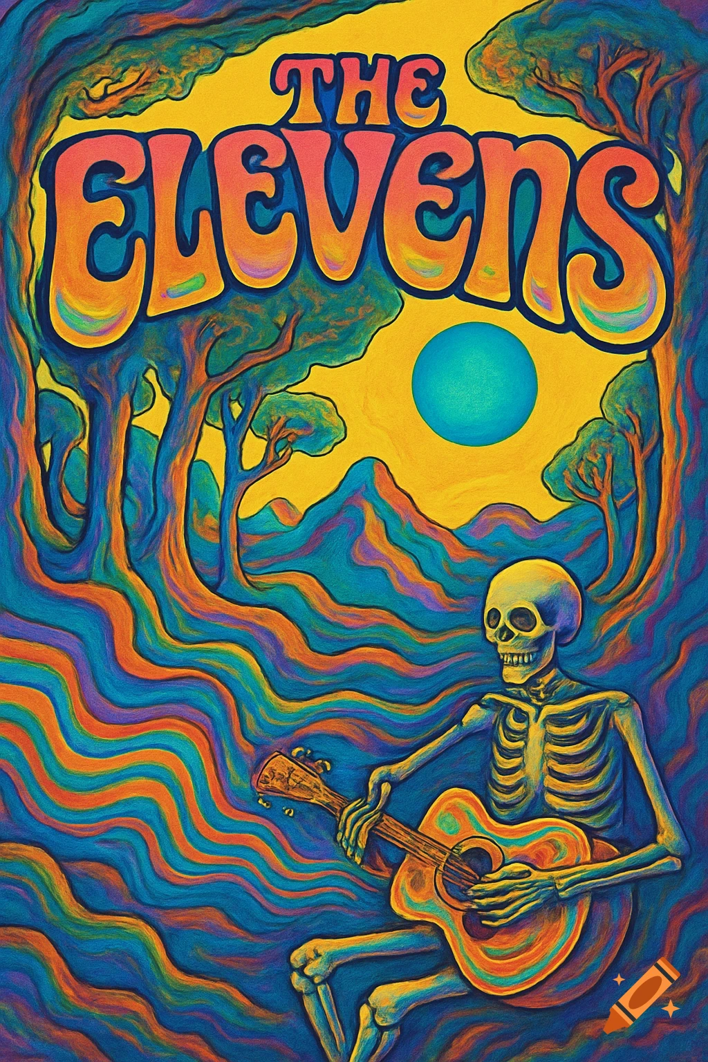 A vibrant, psychedelic poster featuring a skeleton playing a guitar in ...