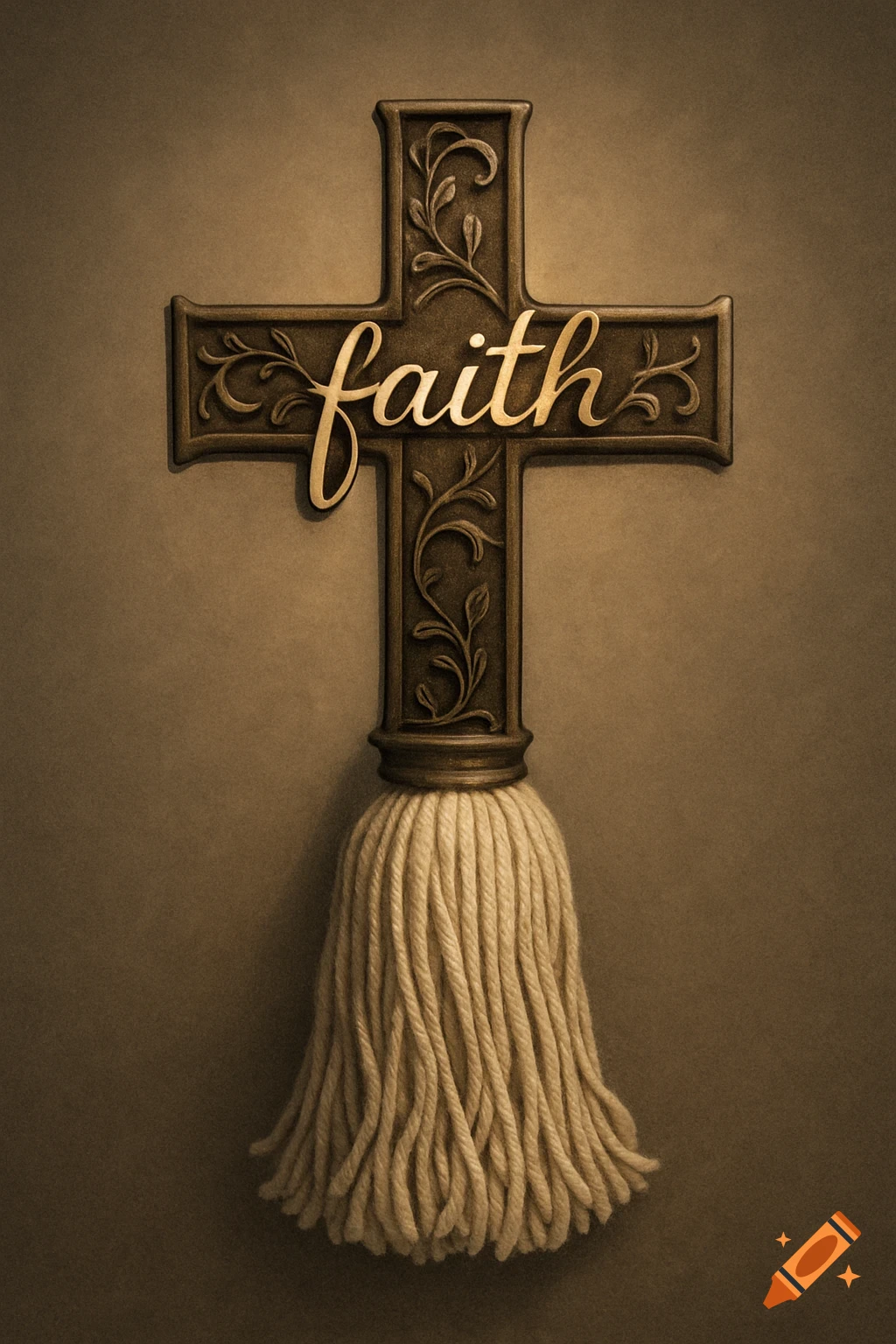 An ornate bronze cross with the golden word 'faith' in cursive across ...