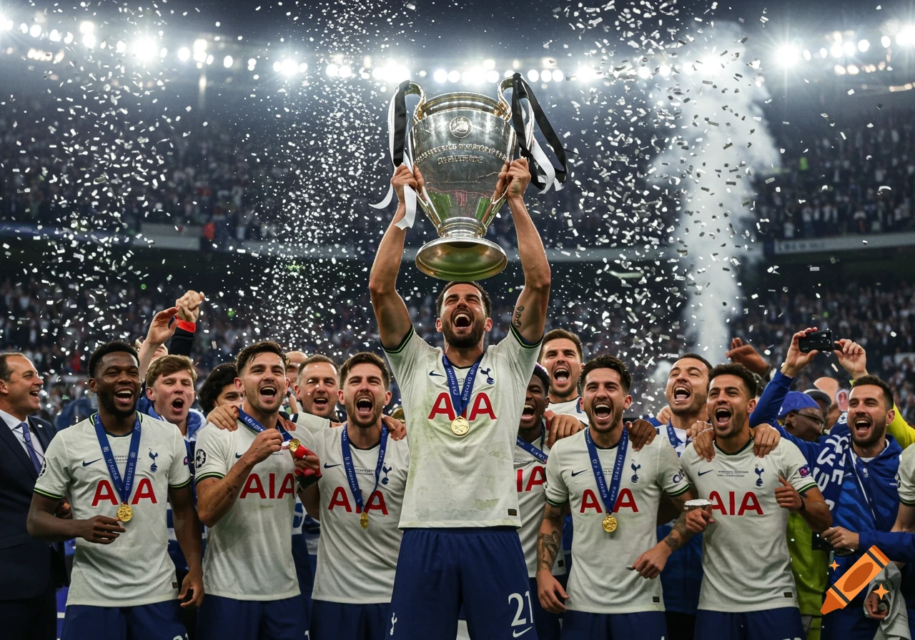 Photorealistic image of Tottenham Hotspur players celebrating with the ...
