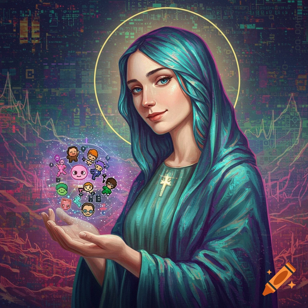 A stylized digital painting of a woman with teal hair and a halo ...