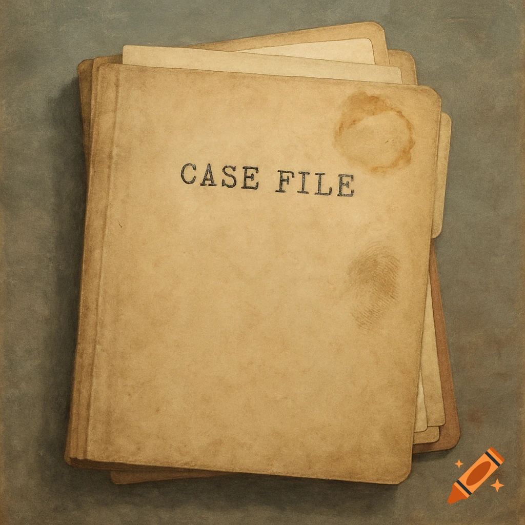 A vintage manila case file with the words 'CASE FILE' typed on the ...