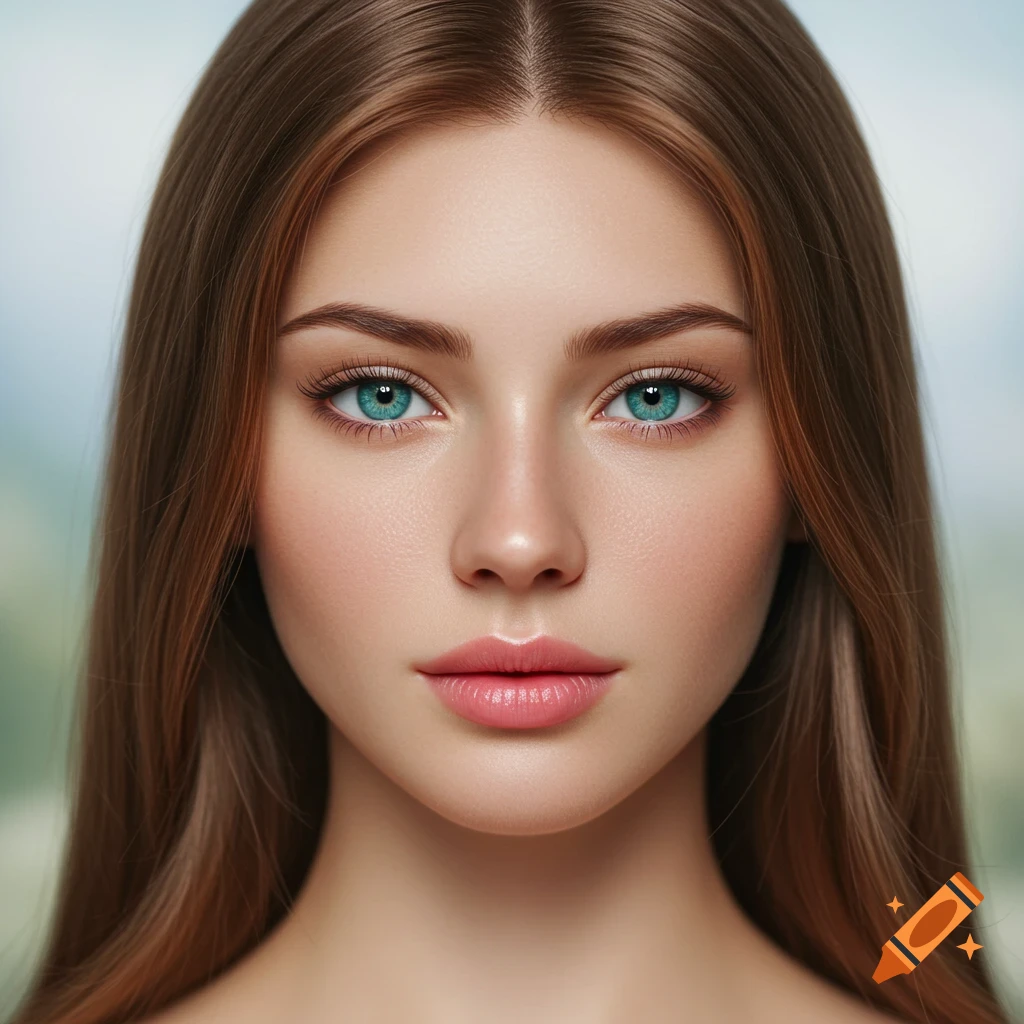 Close-up photorealistic portrait of a woman with long brown wavy hair ...