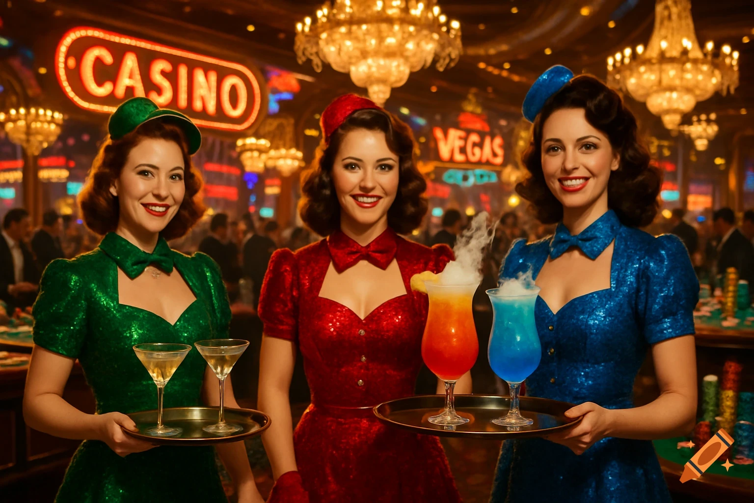 Four senior women in colorful teal, magenta, yellow, and green pleated ...