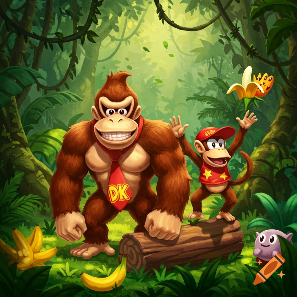 Donkey Kong doing a front flip in a vibrant jungle, surrounded by ...