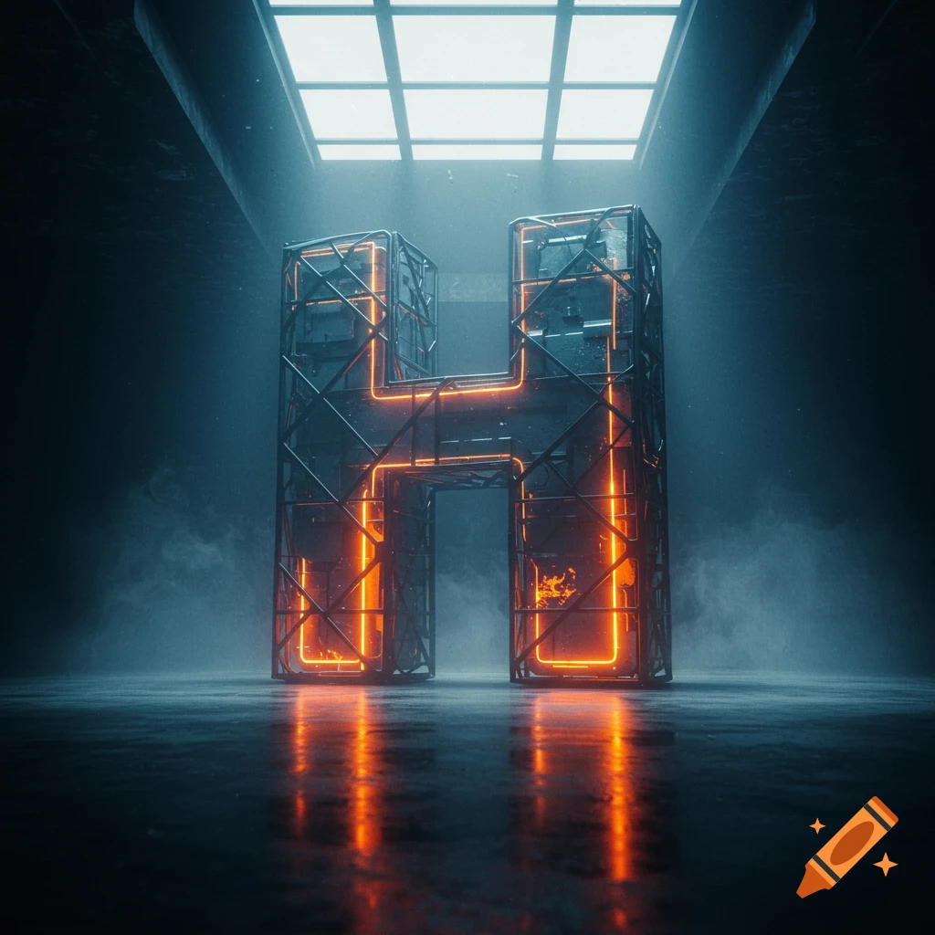 A large, glowing orange letter H in a dark, smoky industrial room with ...