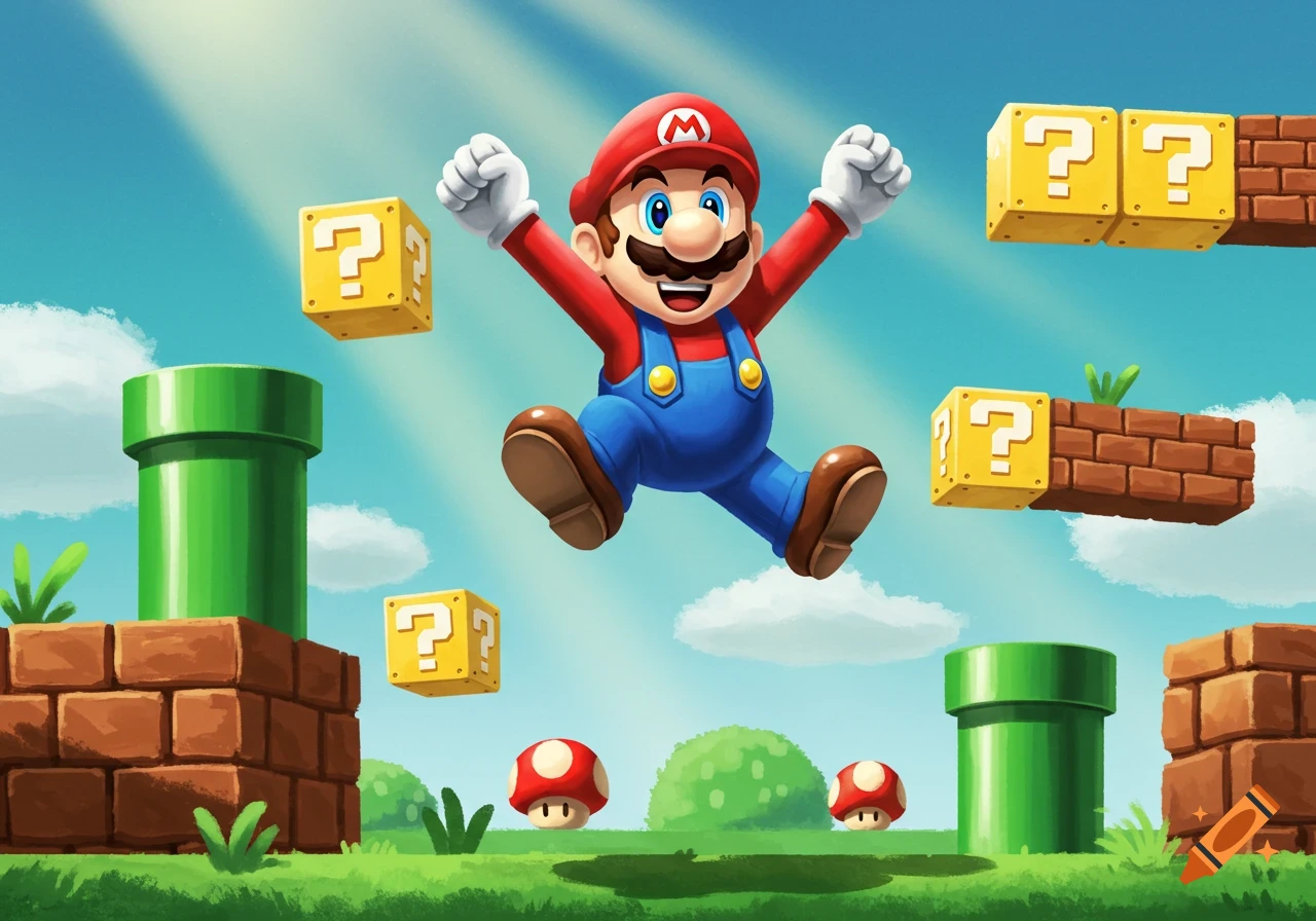 Cartoon Mario and Luigi are conjoined, standing in a vibrant Super ...