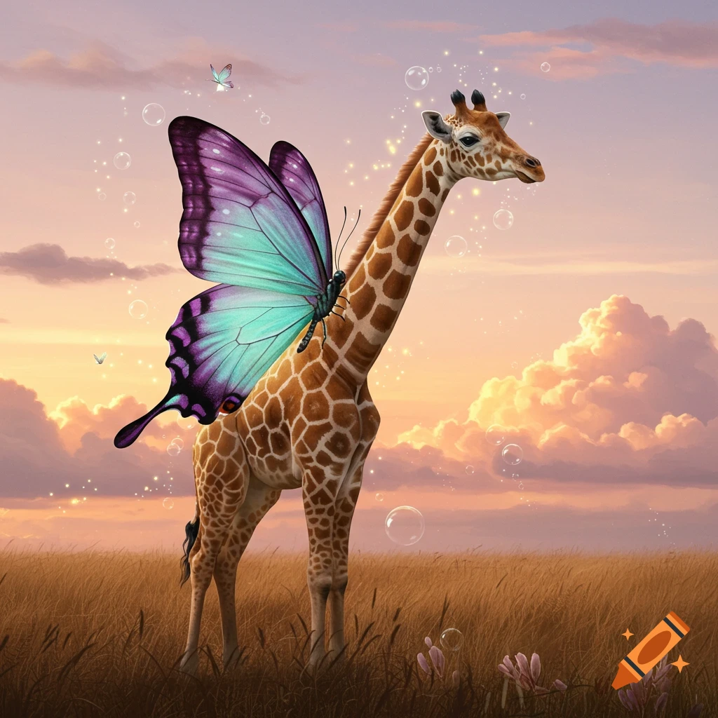 A majestic giraffe with large purple and teal butterfly wings stands in ...