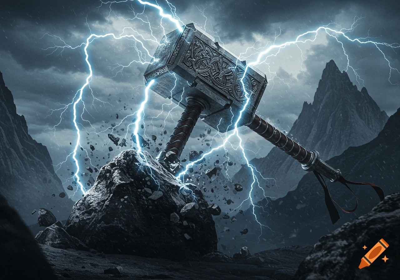 A massive, ornate war hammer striking a rock with lightning bolts ...