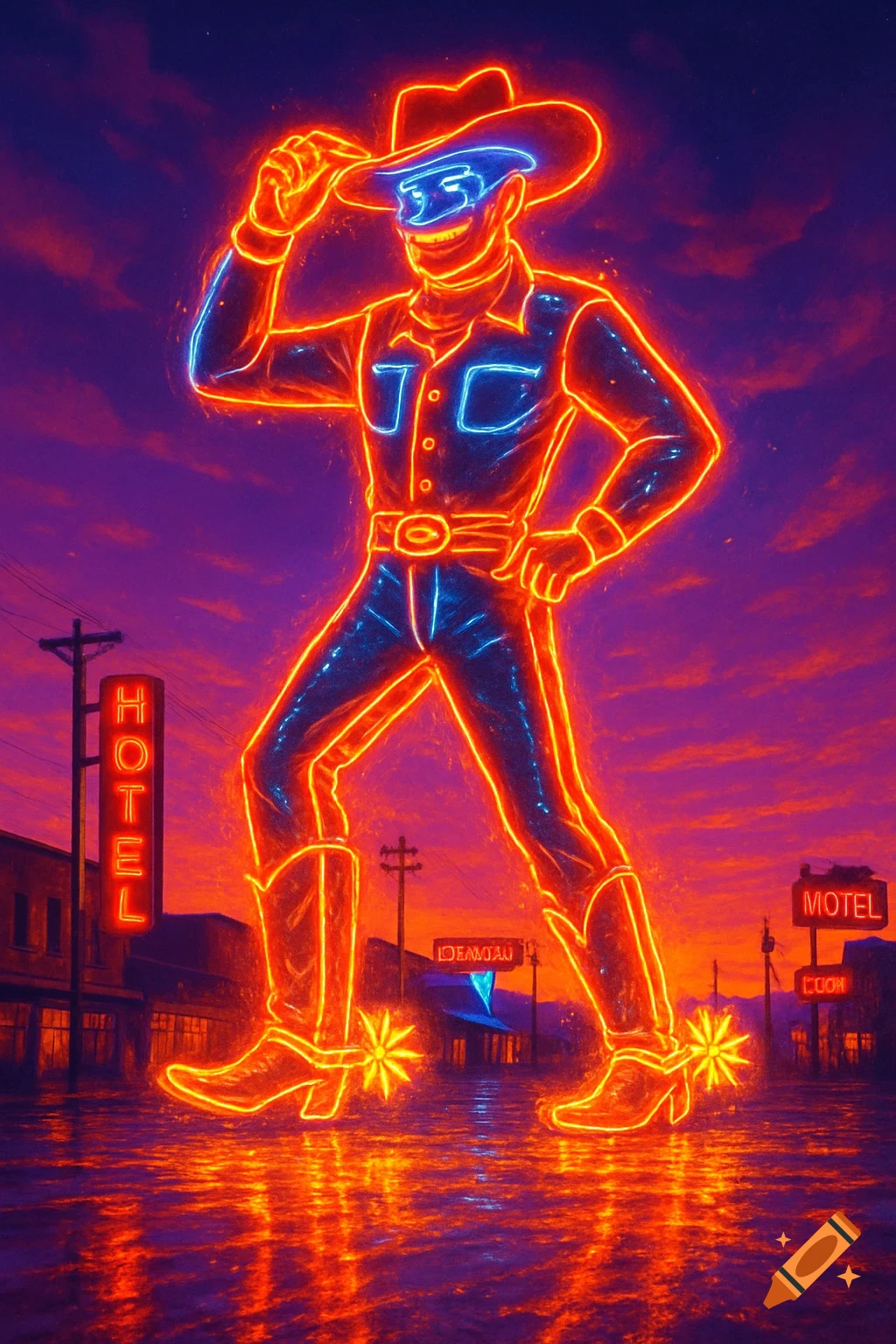 A giant neon cowboy in vibrant orange and blue glows against a purple ...