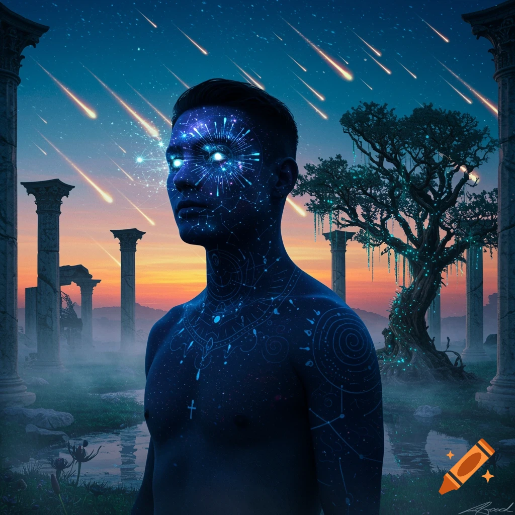 A figure with glowing starry skin and eyes stands among ancient ruins ...