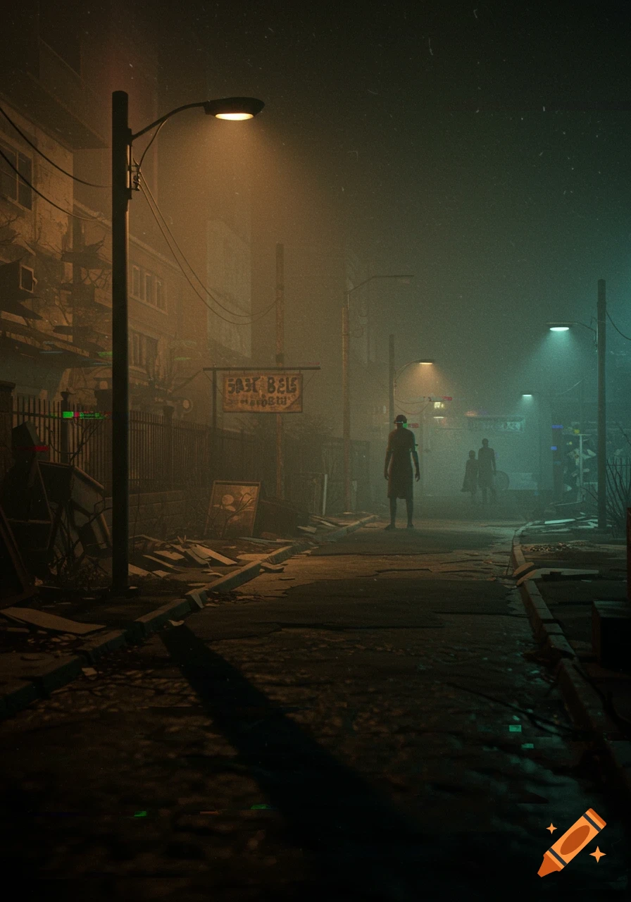 A dark, foggy, and dilapidated city street at night with eerie figures ...