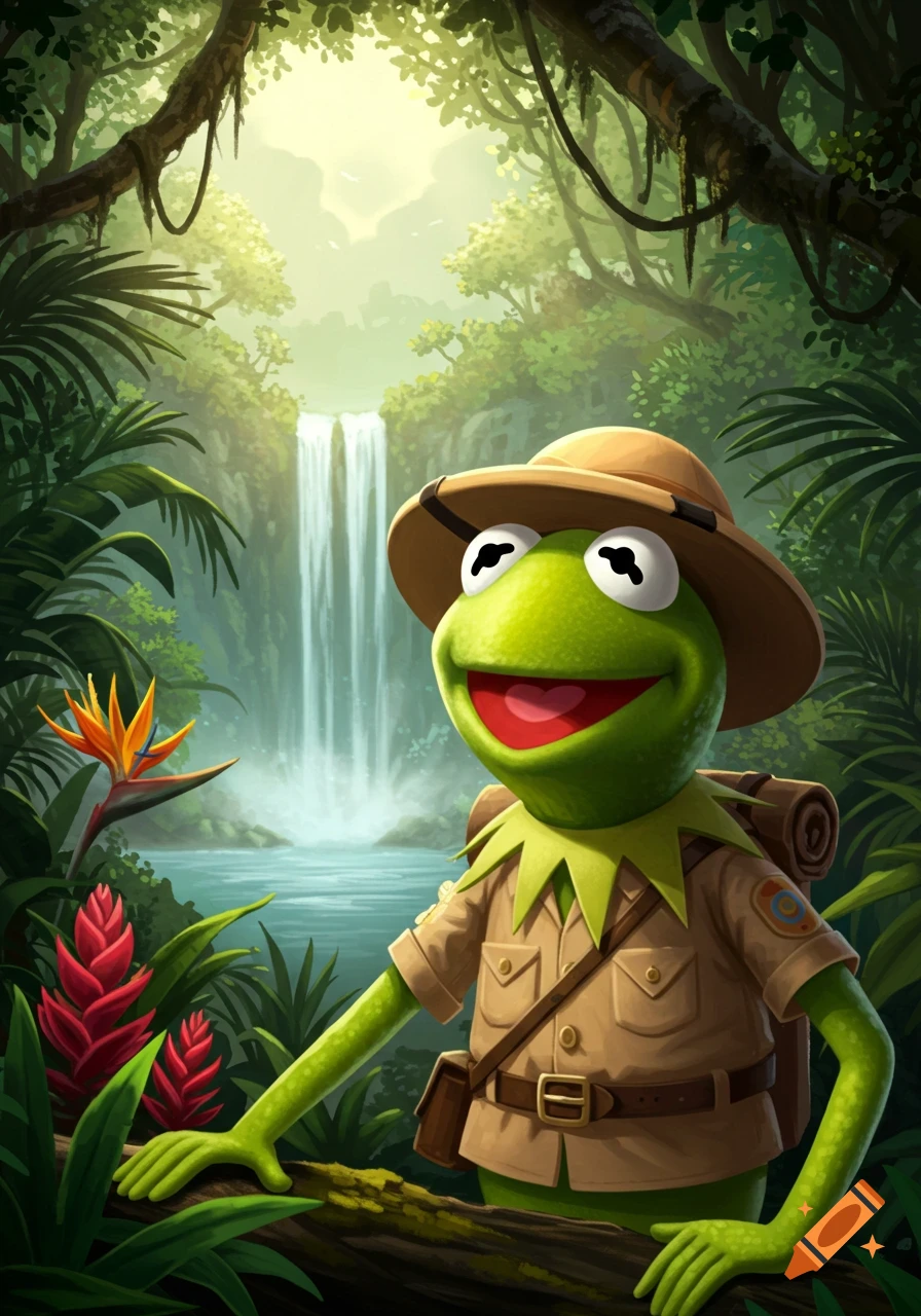 Kermit the Frog and Elmo running through a lush jungle while being ...