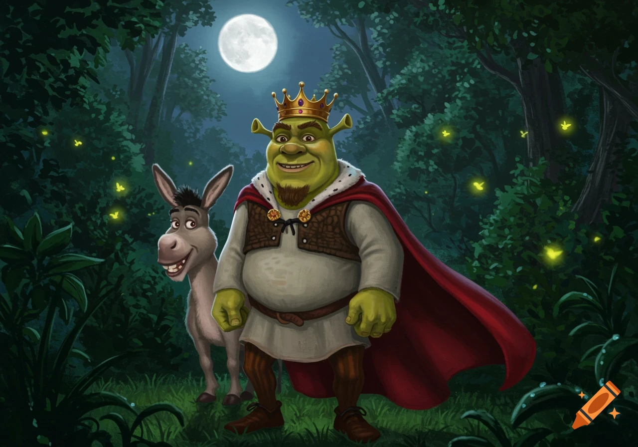Shrek waves next to a gesturing Donald Duck in a vibrant, enchanting ...
