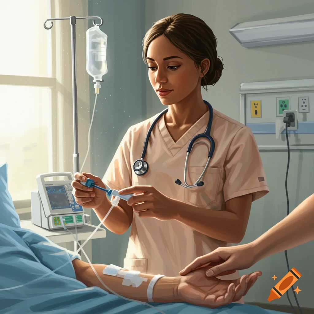 A nurse in a hospital room preparing an IV for a patient's arm, with ...