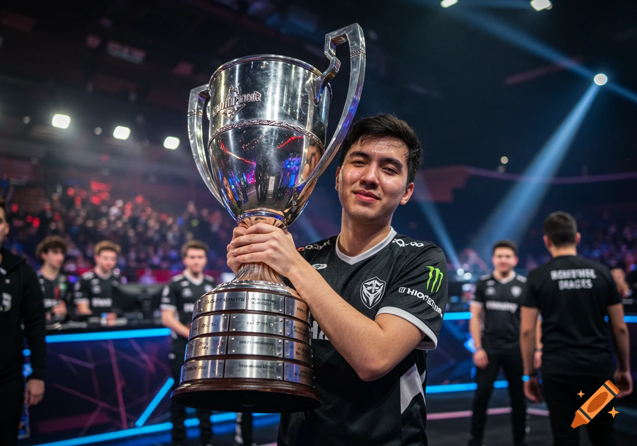 Young man in esports jersey holding a silver championship trophy in a ...