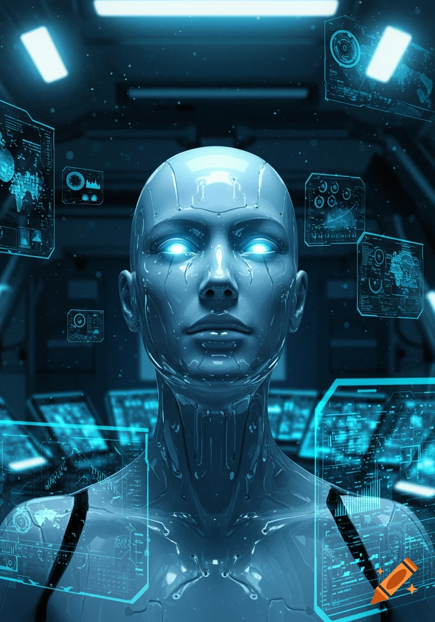 A humanoid robot with glowing blue eyes surrounded by holographic ...